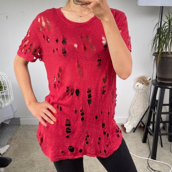 IRO | Tops | Iro Top Tshirt Sleeveless Tank Linen Distressed Holes Red ...